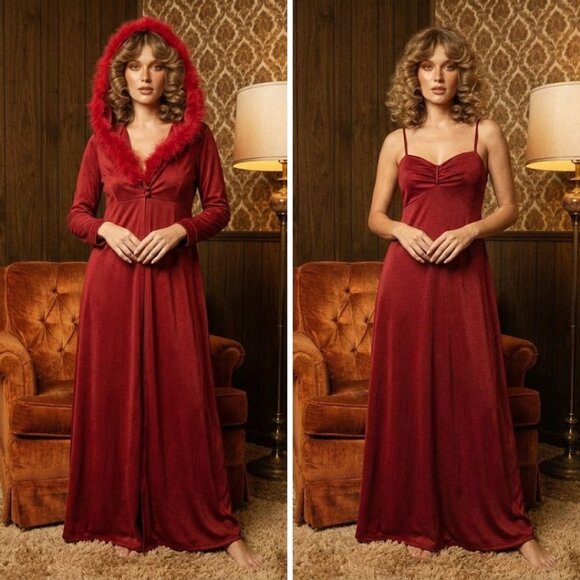 Vintage | Dresses | Vintage 7s Maroon Boudoir Set Marabou Hooded Robe ...